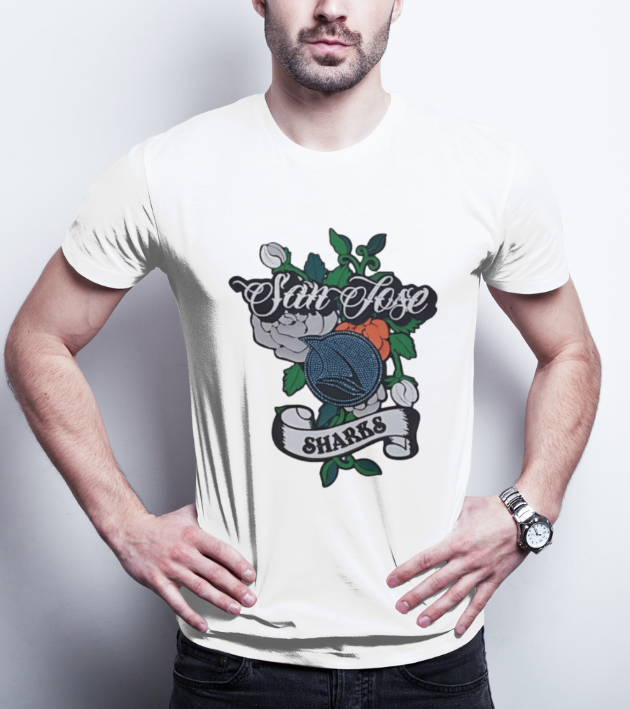 San Jose Sharks Floral Tattoo Style Team T-Shirt