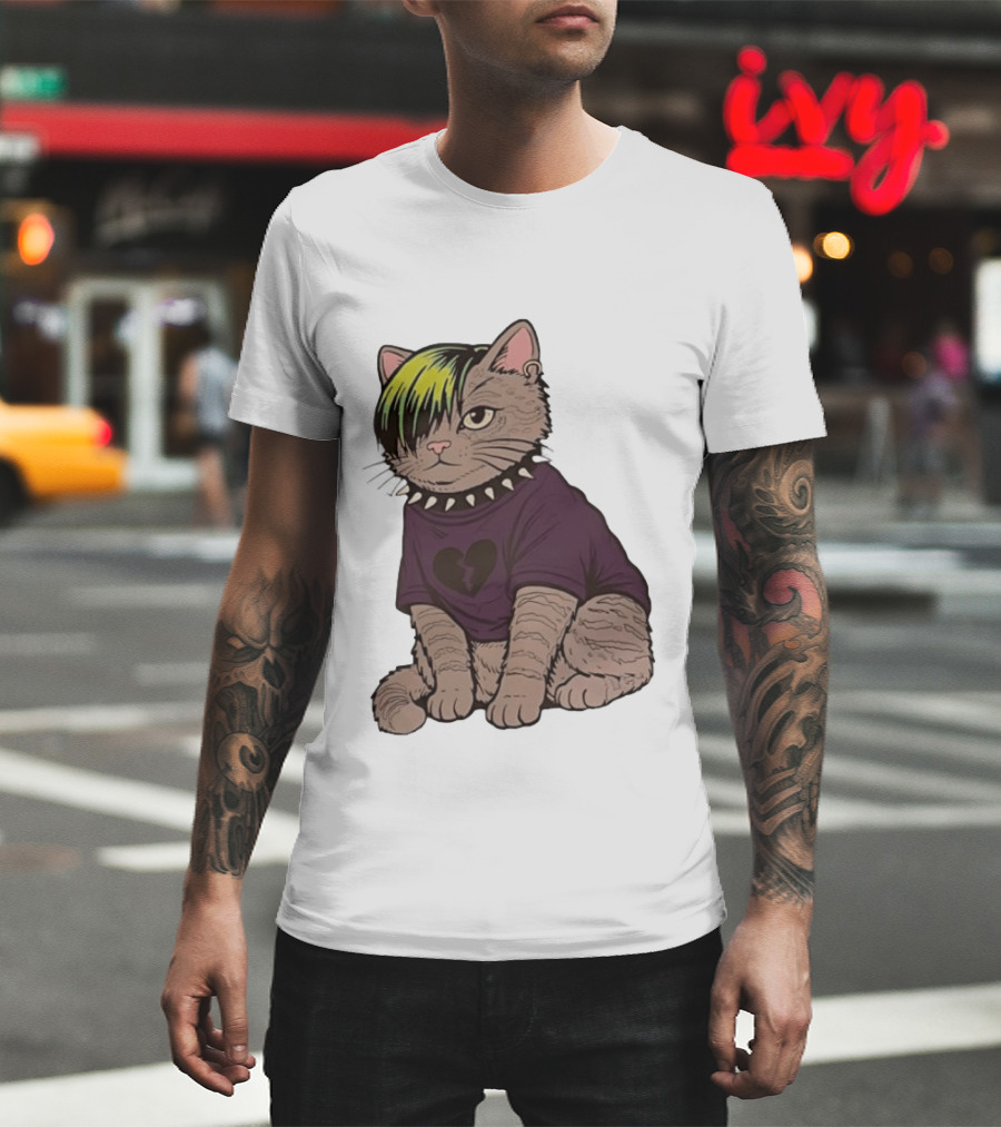 Emo Scene Cat With Heart Break Symbol And Spiked Collar T-Shirt