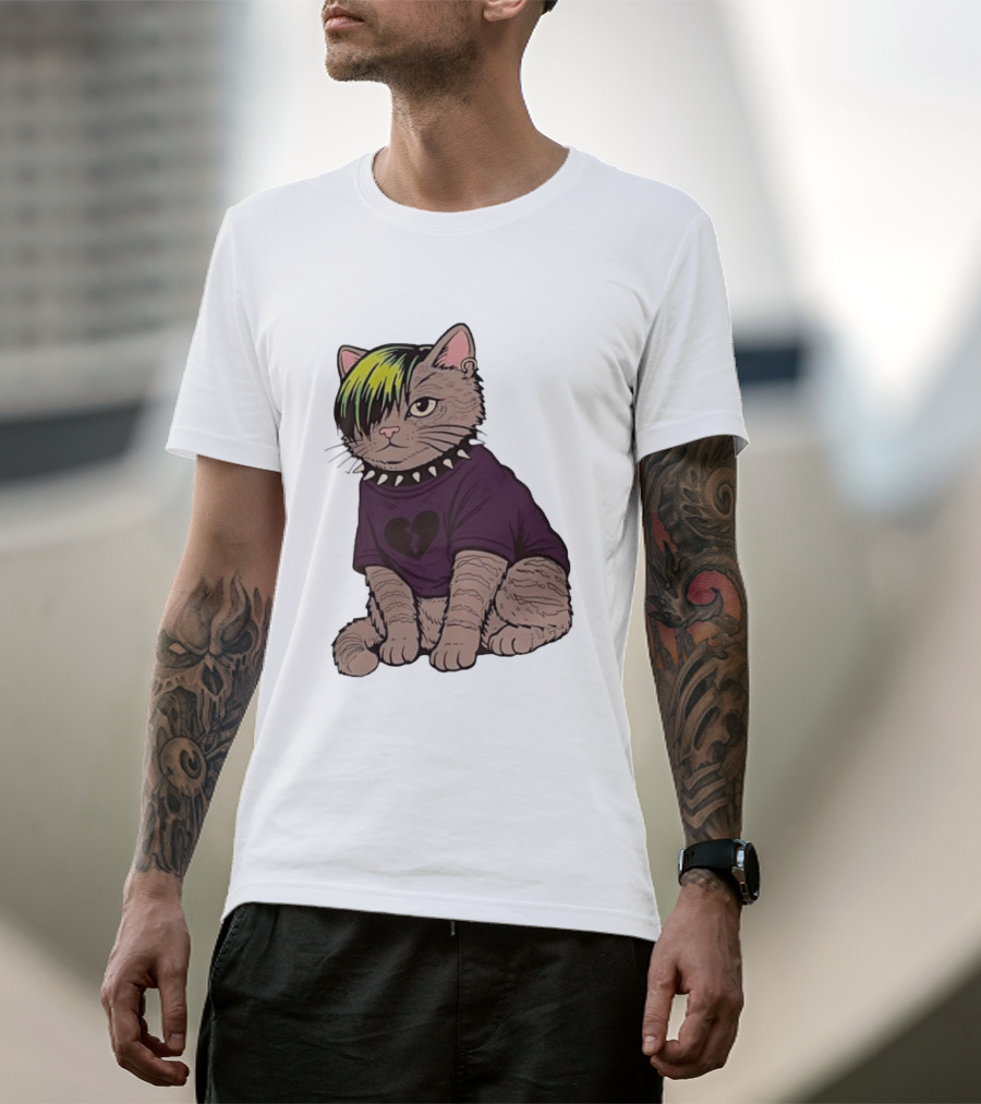 Emo Scene Cat With Heart Break Symbol And Spiked Collar T-Shirt