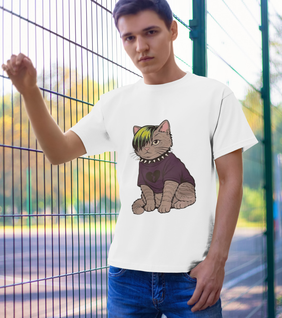 Emo Scene Cat With Heart Break Symbol And Spiked Collar T-Shirt