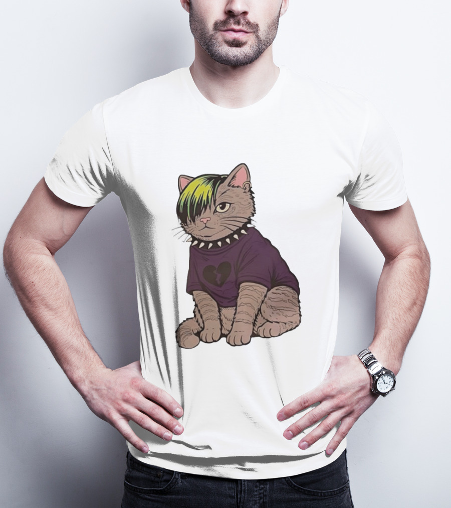 Emo Scene Cat With Heart Break Symbol And Spiked Collar T-Shirt