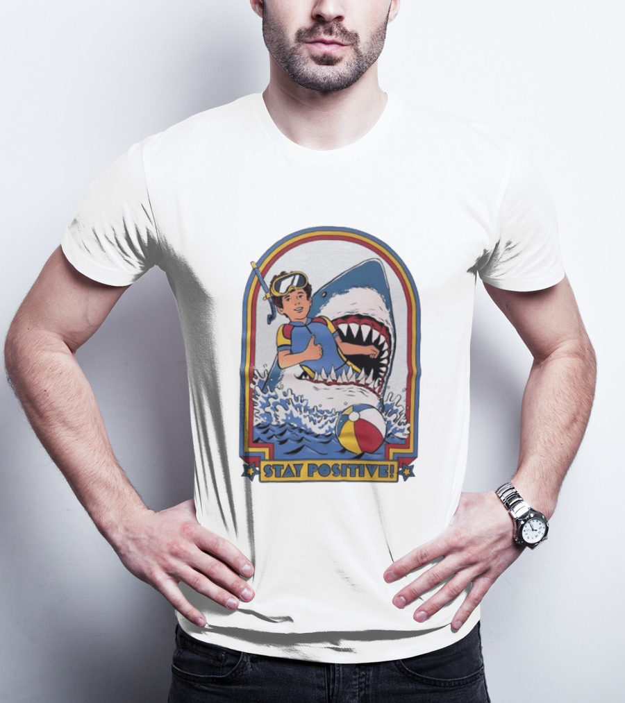 Stay Positive Scuba Boy In Great White Shark Mouth With Beach Ball T-Shirt