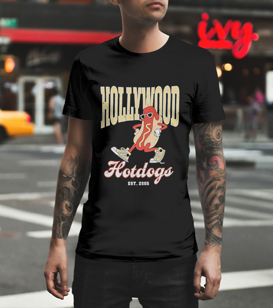 Hollywood Hotdogs Cool Mustard Character With Sunglasses Est 2005 T-Shirt
