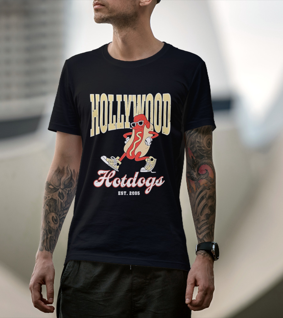 Hollywood Hotdogs Cool Mustard Character With Sunglasses Est 2005 T-Shirt