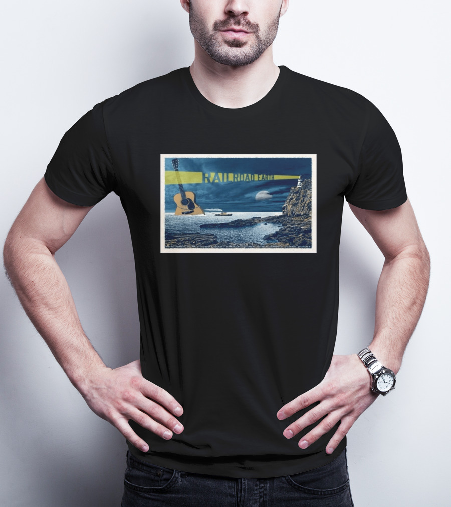 Railroad Earth March 10 2026 Tour Omaha NE Lighthouse Guitar Moonlit Ocean Scene T-Shirt