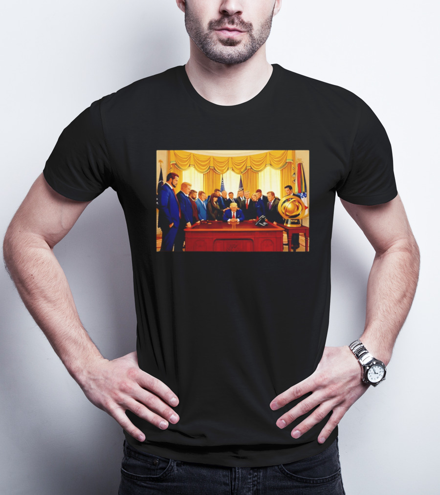 Oval Office Prayer Gathering Trump Anime Style Amid Iran Tensions T-Shirt