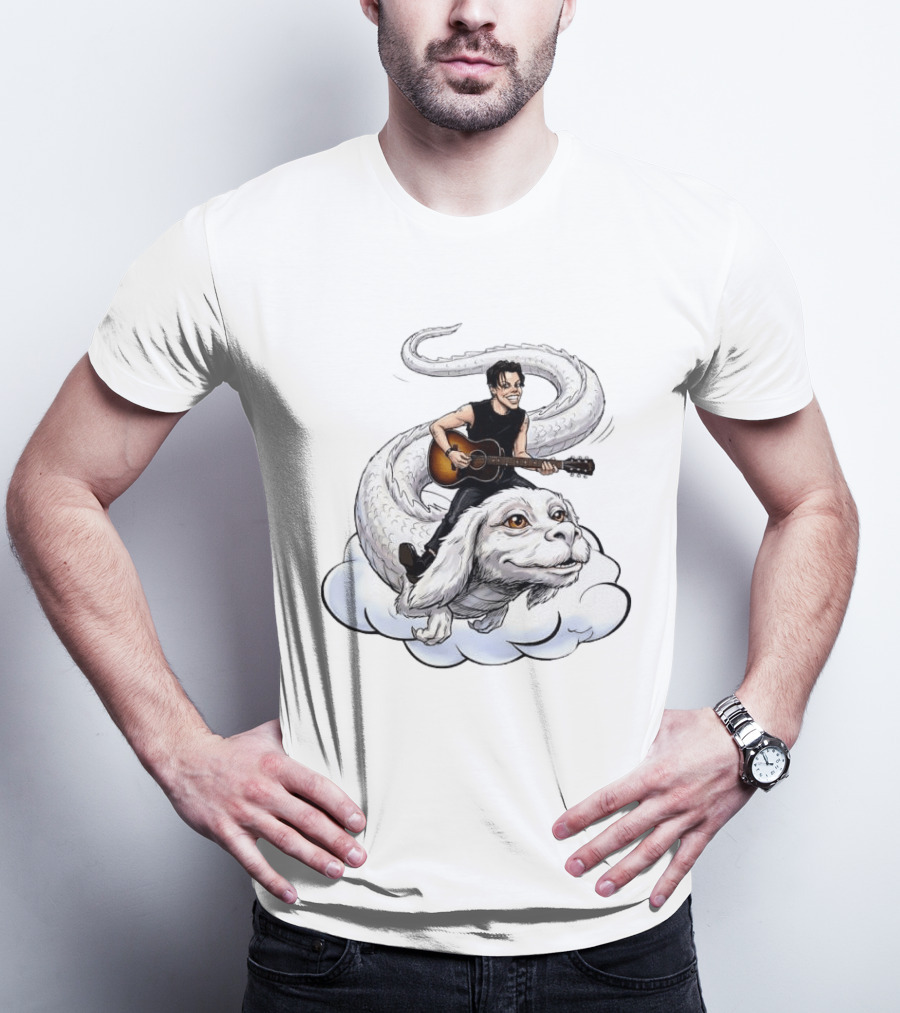 Rock God With Guitar On Falkor Flying Creature Inspired Fantasy Scene T-Shirt