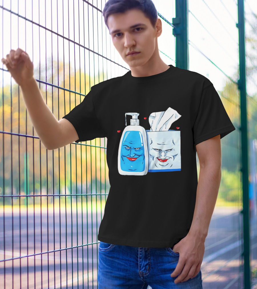 Smiling Blue Lotion Bottle And Tissue Box Meme With Red Lips And Hearts T-Shirt