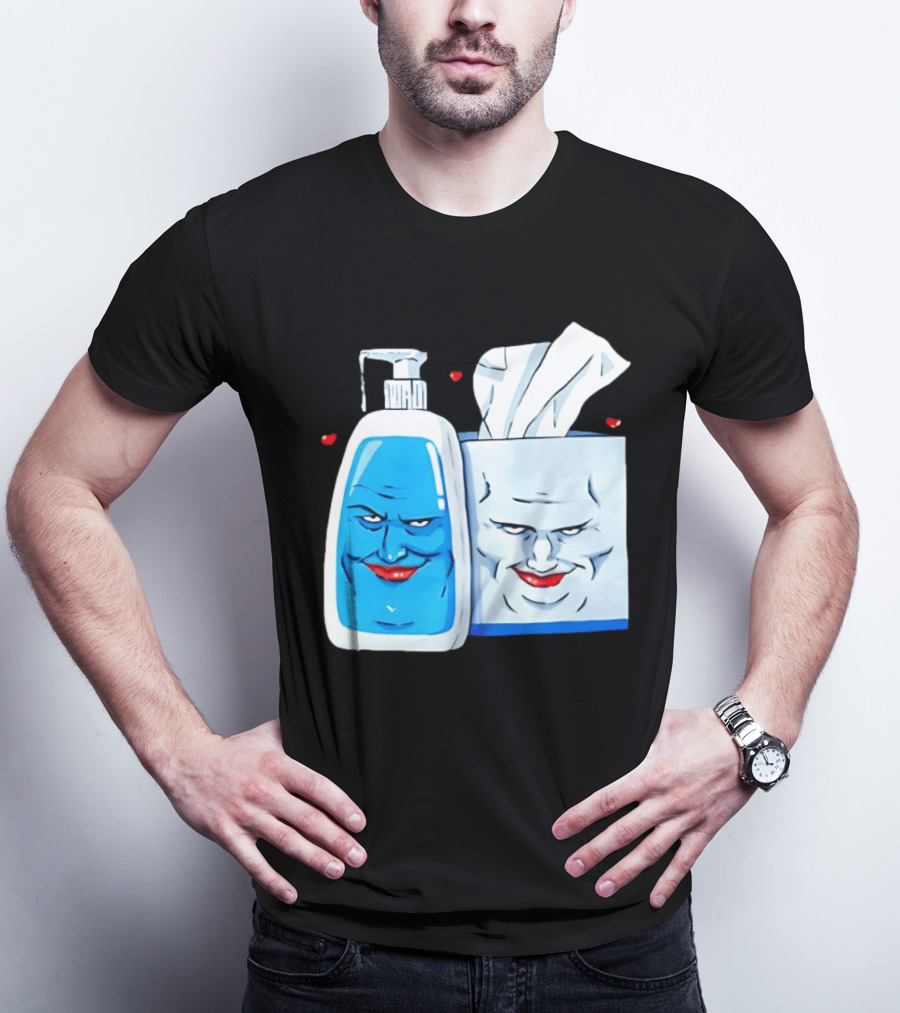 Smiling Blue Lotion Bottle And Tissue Box Meme With Red Lips And Hearts T-Shirt