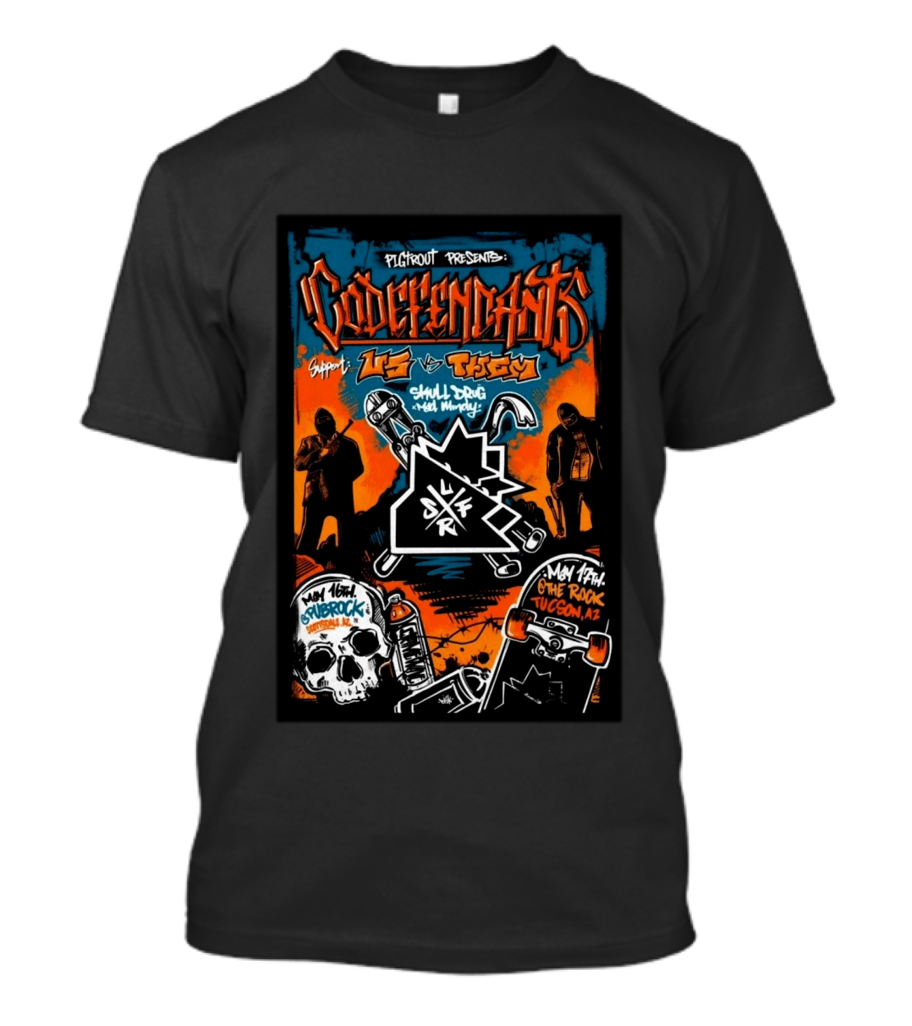 Codefendants Pigifront Presents Us Vs Them May 16 2026 Flagstaff AZ Skateboard Skull Drugs Black And Orange T-Shirt