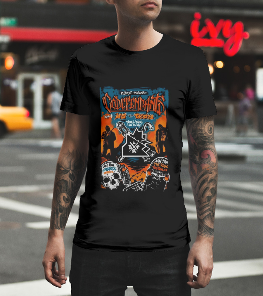 Codefendants Pigifront Presents Us Vs Them May 16 2026 Flagstaff AZ Skateboard Skull Drugs Black And Orange T-Shirt