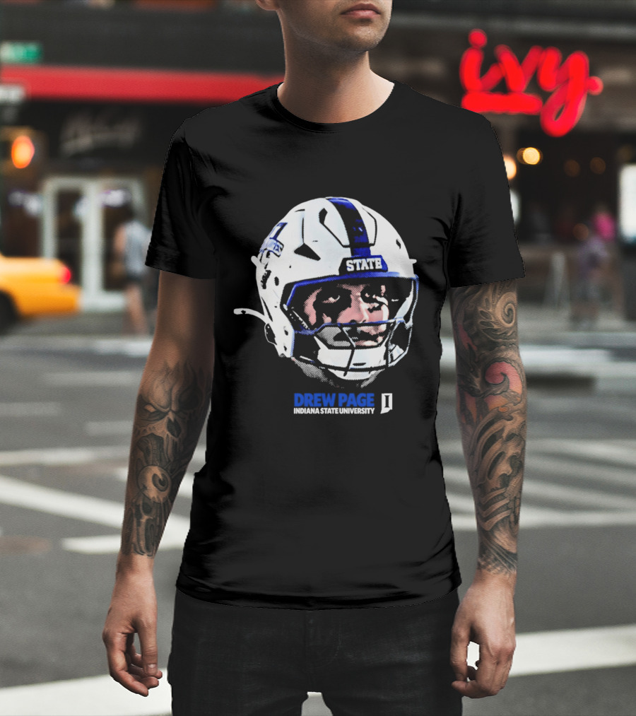 Drew Page Indiana State University Football Helmet Big Head T-Shirt