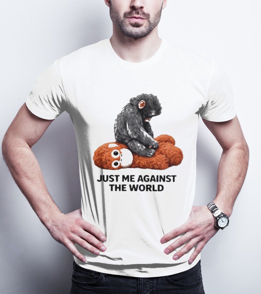 JUST ME AGAINST THE WORLD Gorilla Plush Toy Sitting On Panda T-Shirt