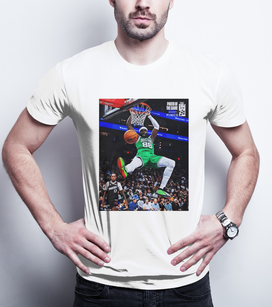 Neemias Queta Boston Celtics Dunk Action Photo With PIMCO At NBA Game T-Shirt