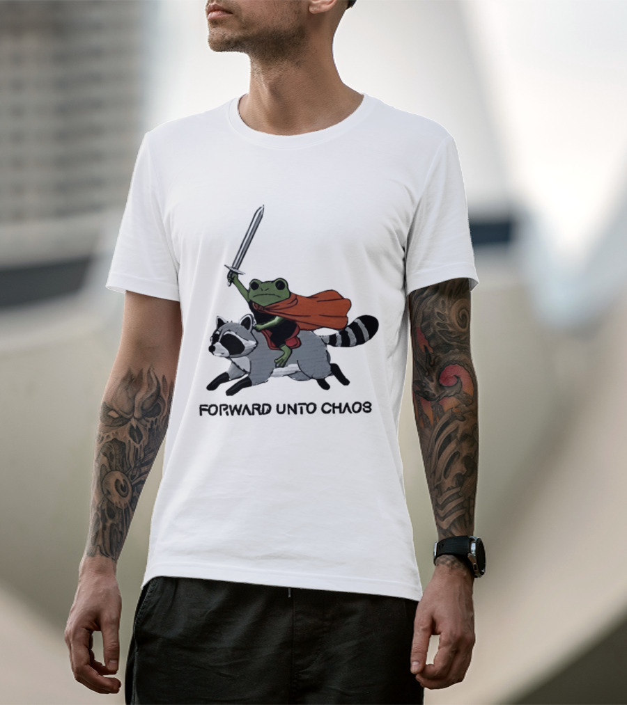 Embroidered Sword Wielding Frog Riding Raccoon Forward Unto Chaos T-Shirt
