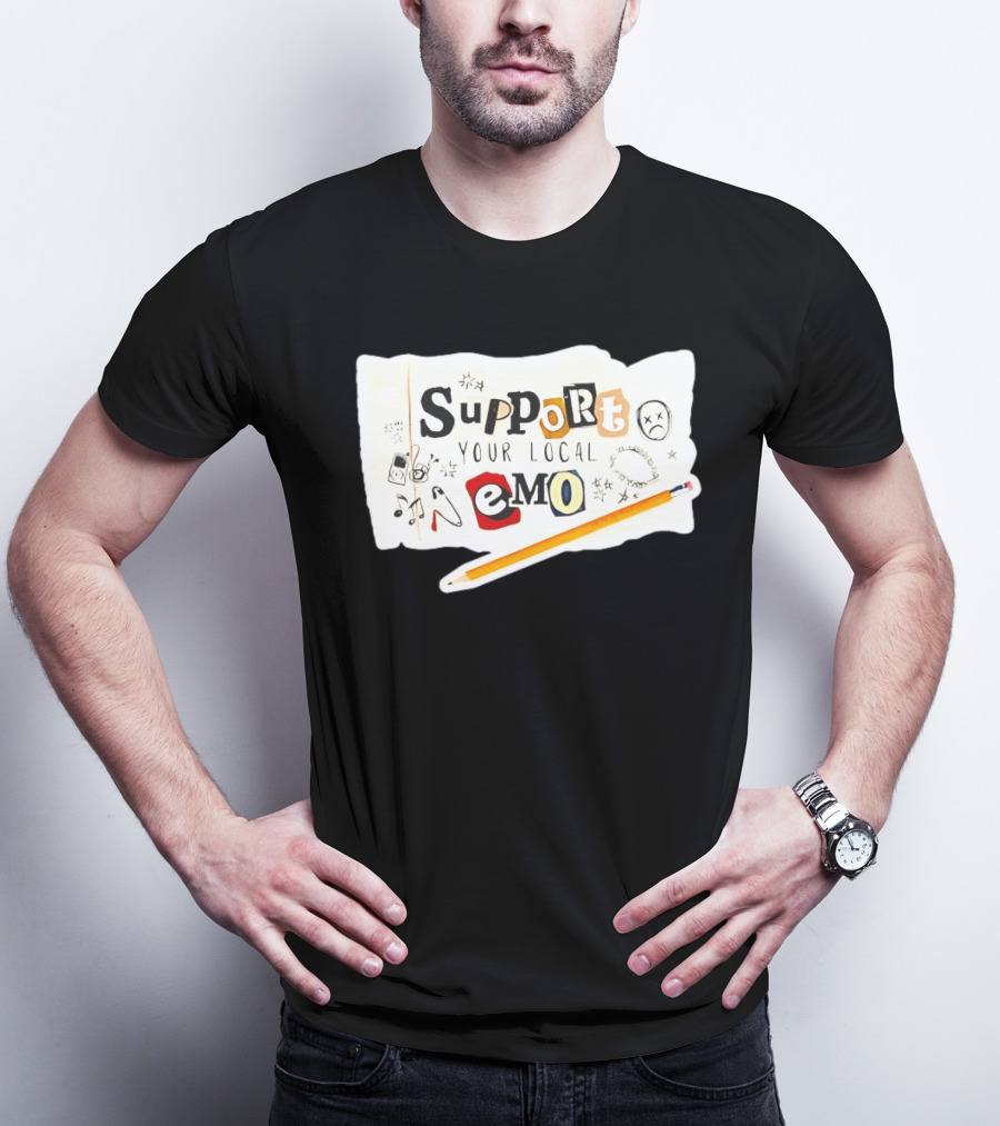 Support Your Local Emo Cutout Style With Pencil And Emojis T-Shirt