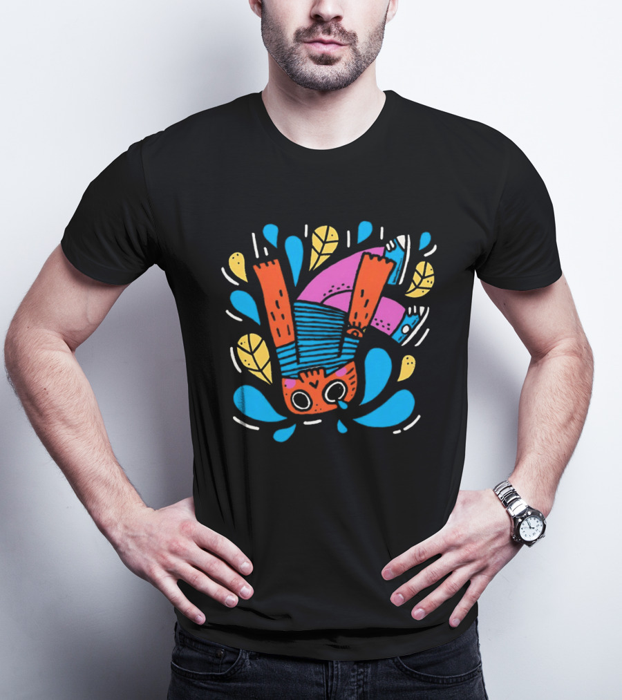 Decaida Downfall Colorful Cartoon Character Upside Down Splash T-Shirt