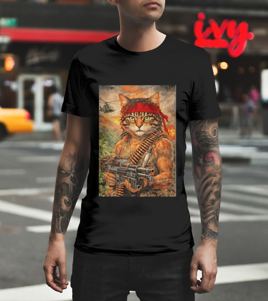 Rambo Cat With MG 3 Gun On Battlefield With Helicopter And Jungle Backdrop T-Shirt