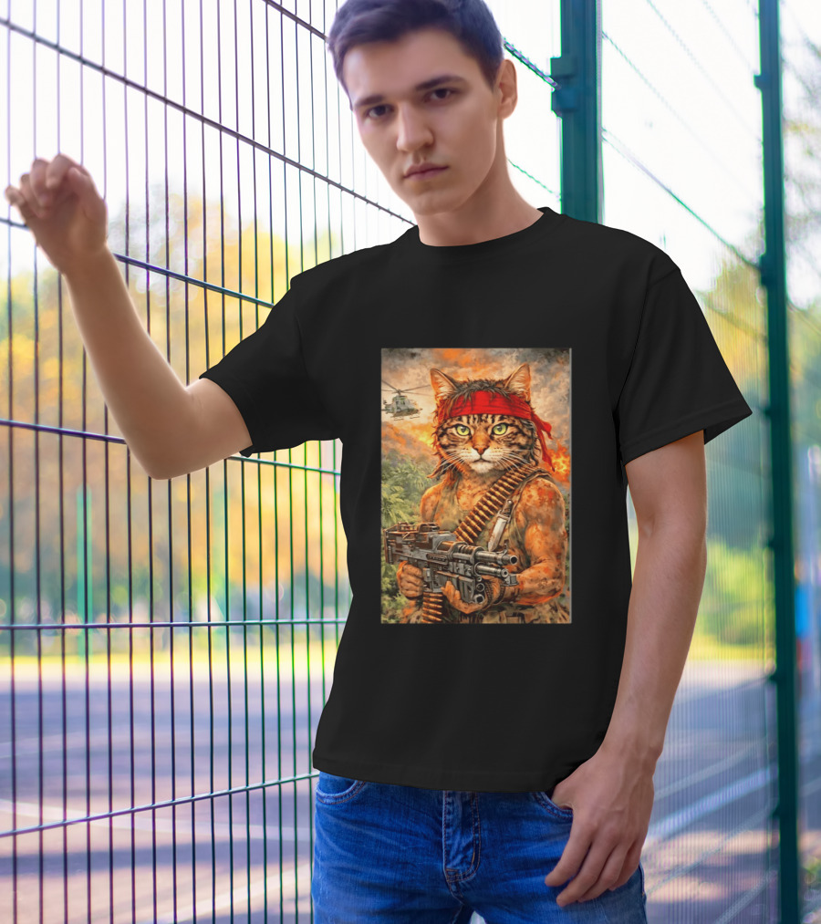 Rambo Cat With MG 3 Gun On Battlefield With Helicopter And Jungle Backdrop T-Shirt