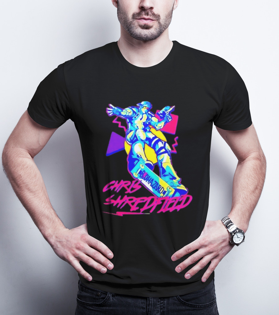 Chris Shredfield Brohazard Skateboarding Robot Neon T-Shirt