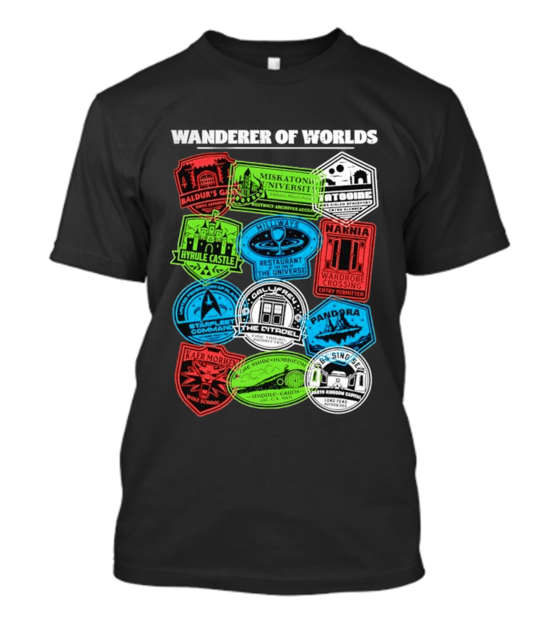 Wanderer Of Worlds Travel Stamps Baldur's Gate Miskatonic Hyrule Middle Earth Narnia T-Shirt