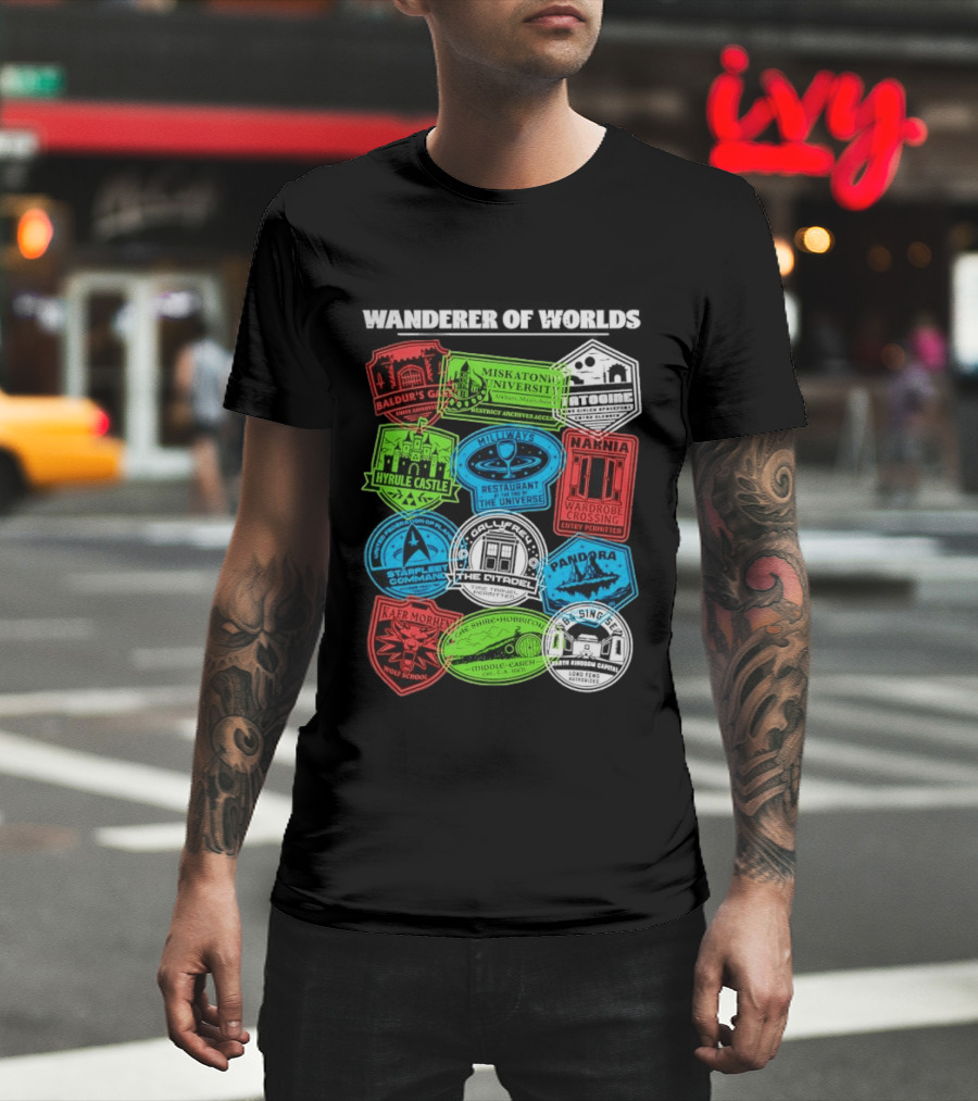 Wanderer Of Worlds Travel Stamps Baldur's Gate Miskatonic Hyrule Middle Earth Narnia T-Shirt