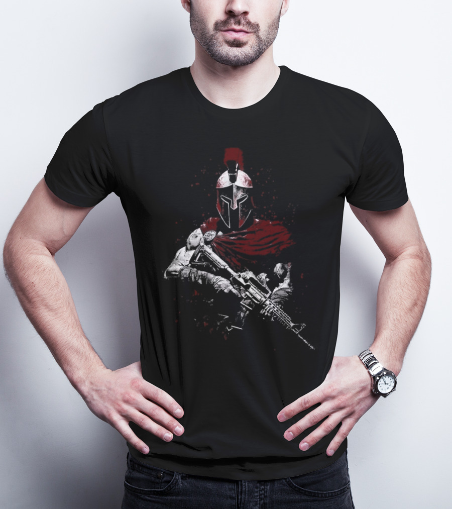 Warrior Ethos Holding Gun Wearing Spartan Helmet Blood Red Cape T-Shirt