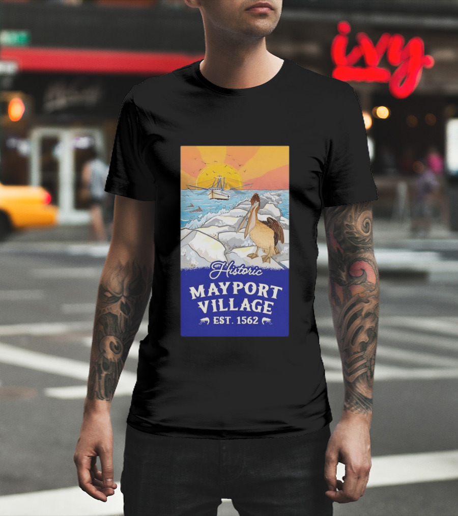 Historic Mayport Village EST 1562 Ocean Sunrise Pelican And Fishing Boat T-Shirt