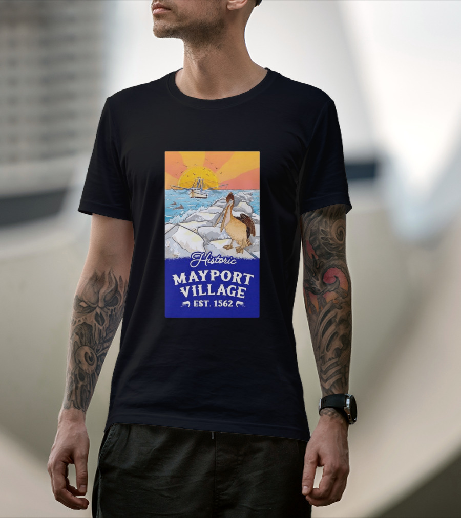Historic Mayport Village EST 1562 Ocean Sunrise Pelican And Fishing Boat T-Shirt