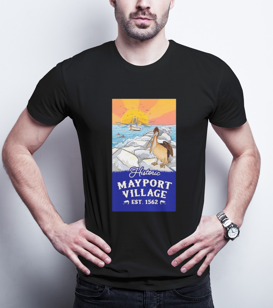 Historic Mayport Village EST 1562 Ocean Sunrise Pelican And Fishing Boat T-Shirt