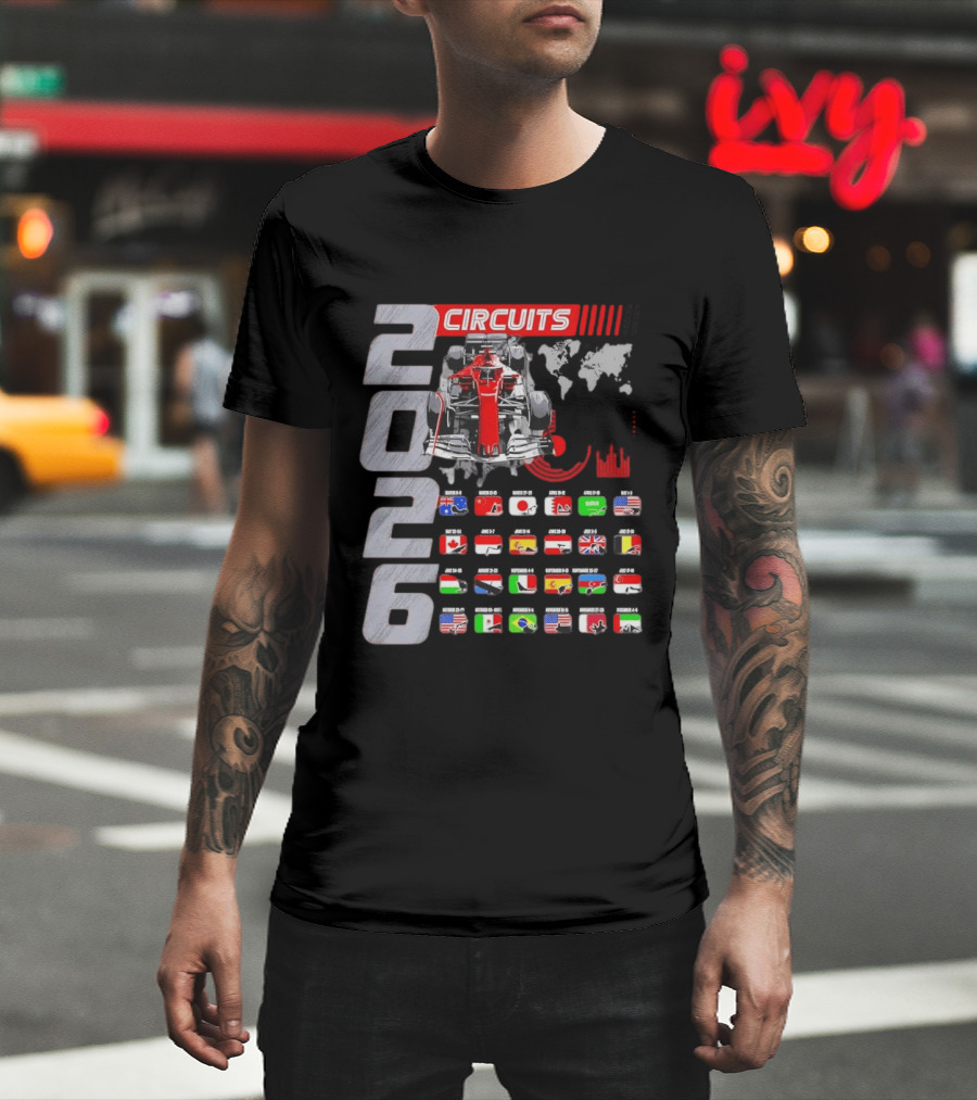2026 Formula Racing Car Circuit Calendar With Country Flags T-Shirt