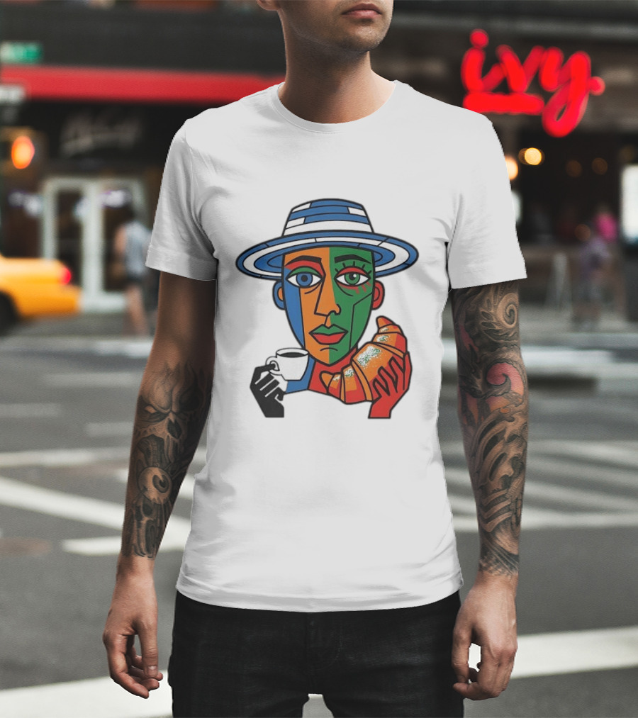 Cubist Coffee Drinker With Hat And Croissant T-Shirt