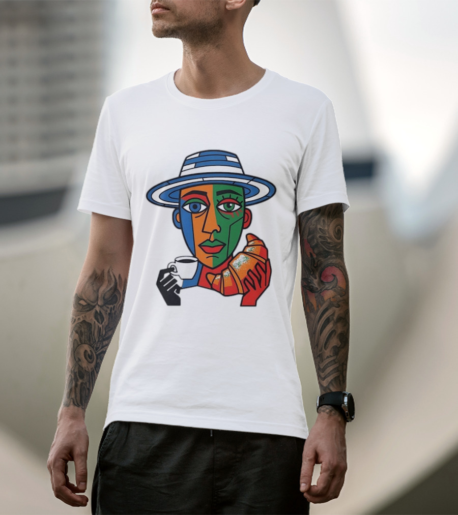 Cubist Coffee Drinker With Hat And Croissant T-Shirt