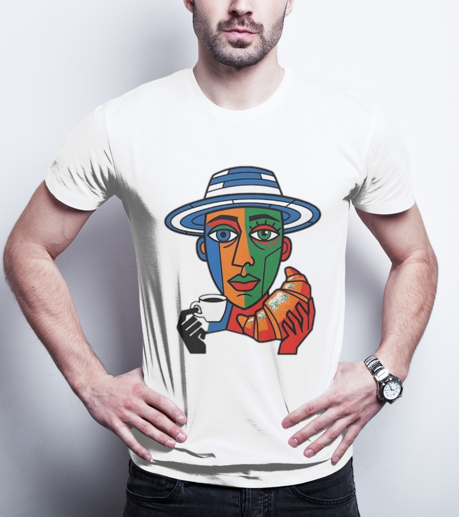 Cubist Coffee Drinker With Hat And Croissant T-Shirt