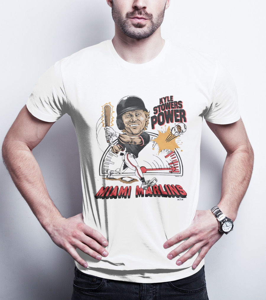 Kyle Stowers Power Miami Marlins Caricature Baseball Swing T-Shirt