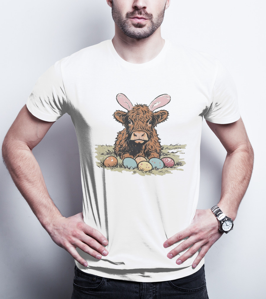 Highland Cow With Easter Eggs And Bunny Ears Easter Day 2026 T-Shirt