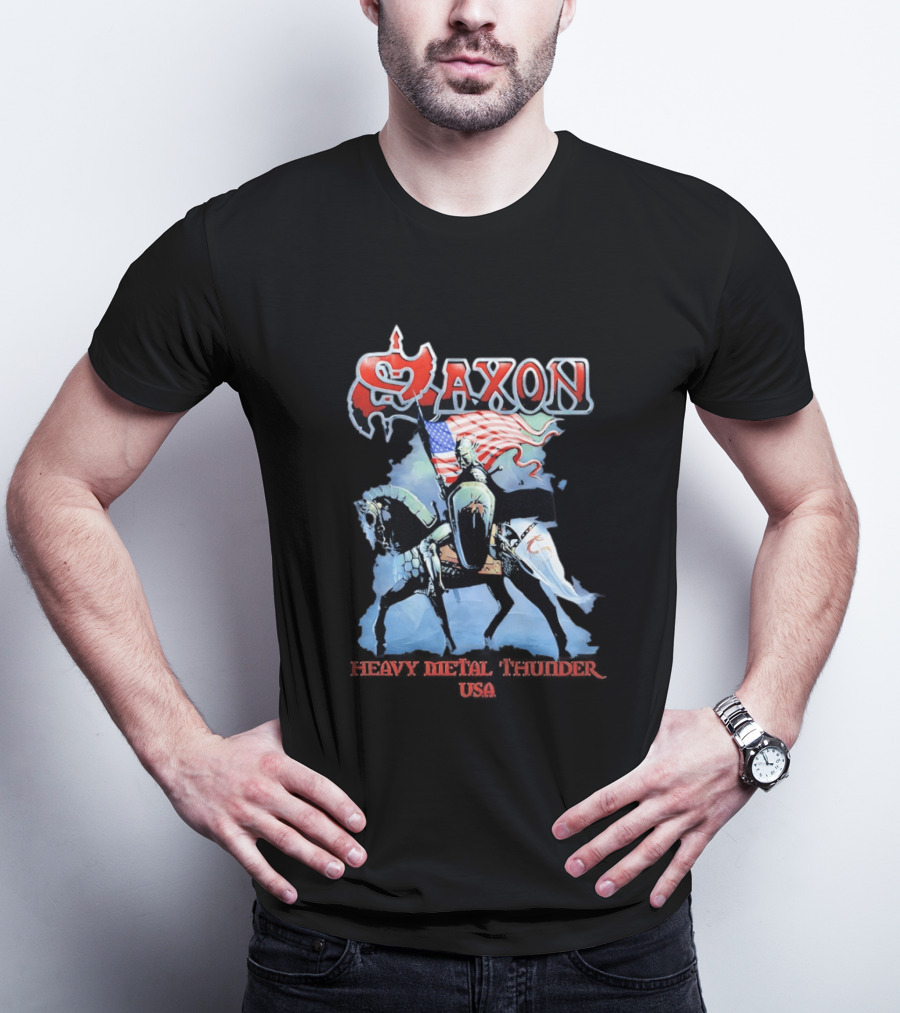 Saxon Heavy Metal Knight With American Flag USA T-Shirt