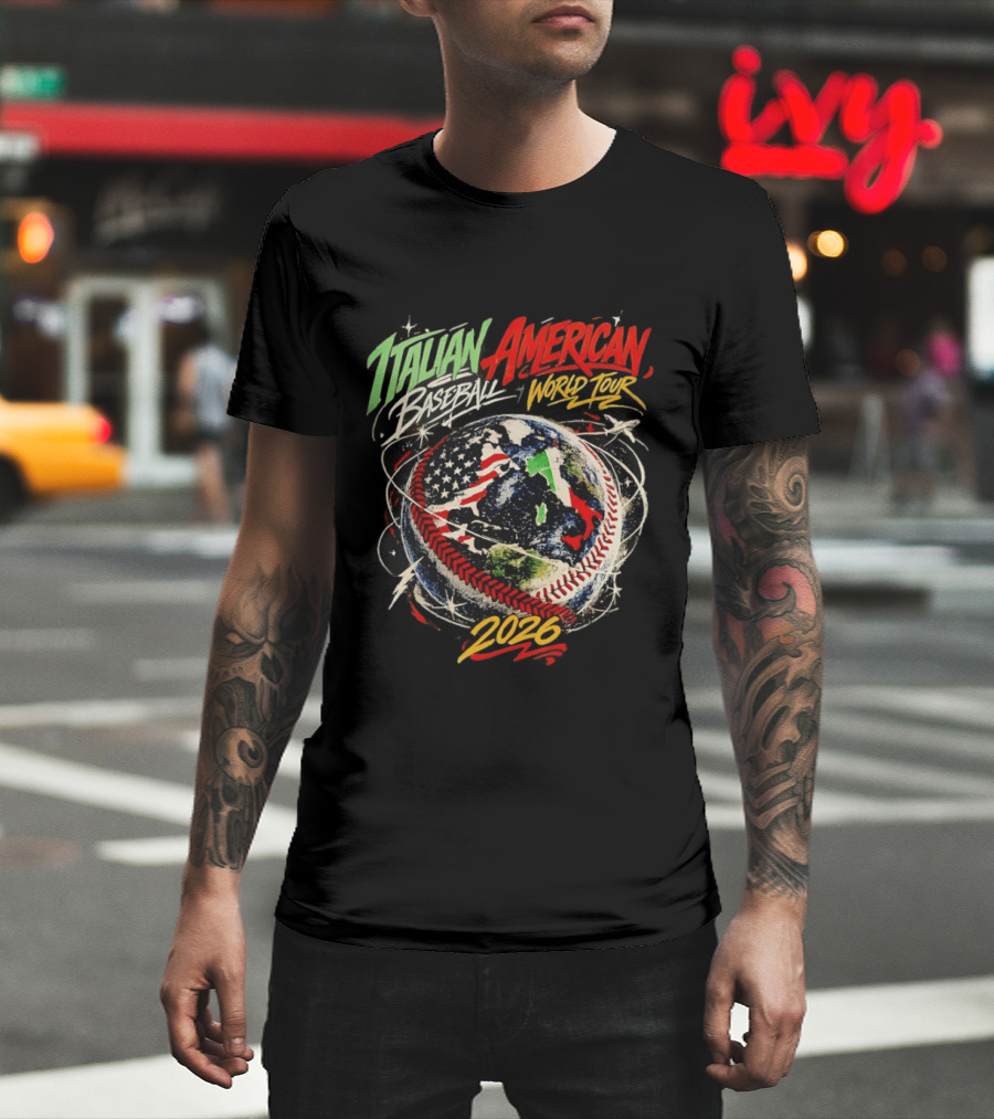 Italian American Baseball World Tour 2026 Flag Design Globe Baseball T-Shirt