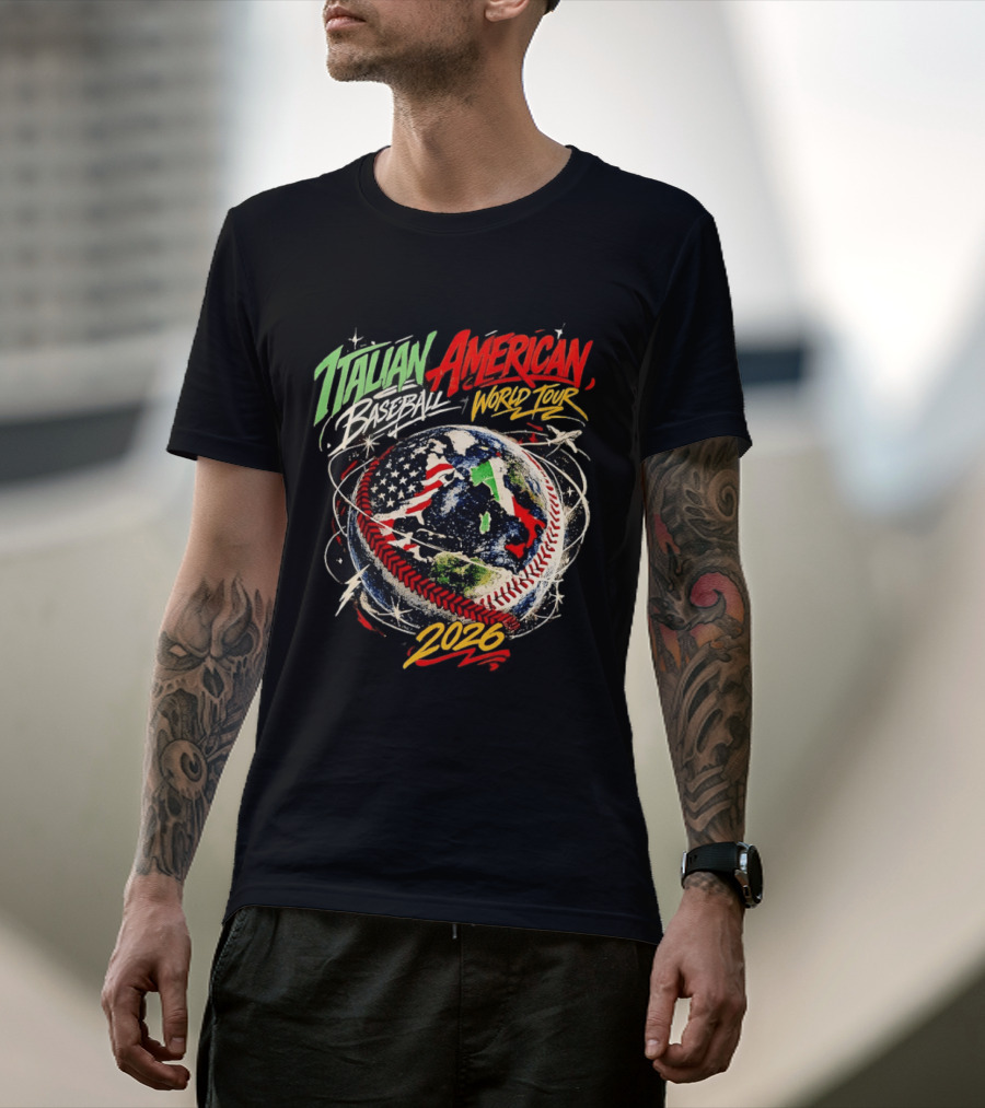 Italian American Baseball World Tour 2026 Flag Design Globe Baseball T-Shirt
