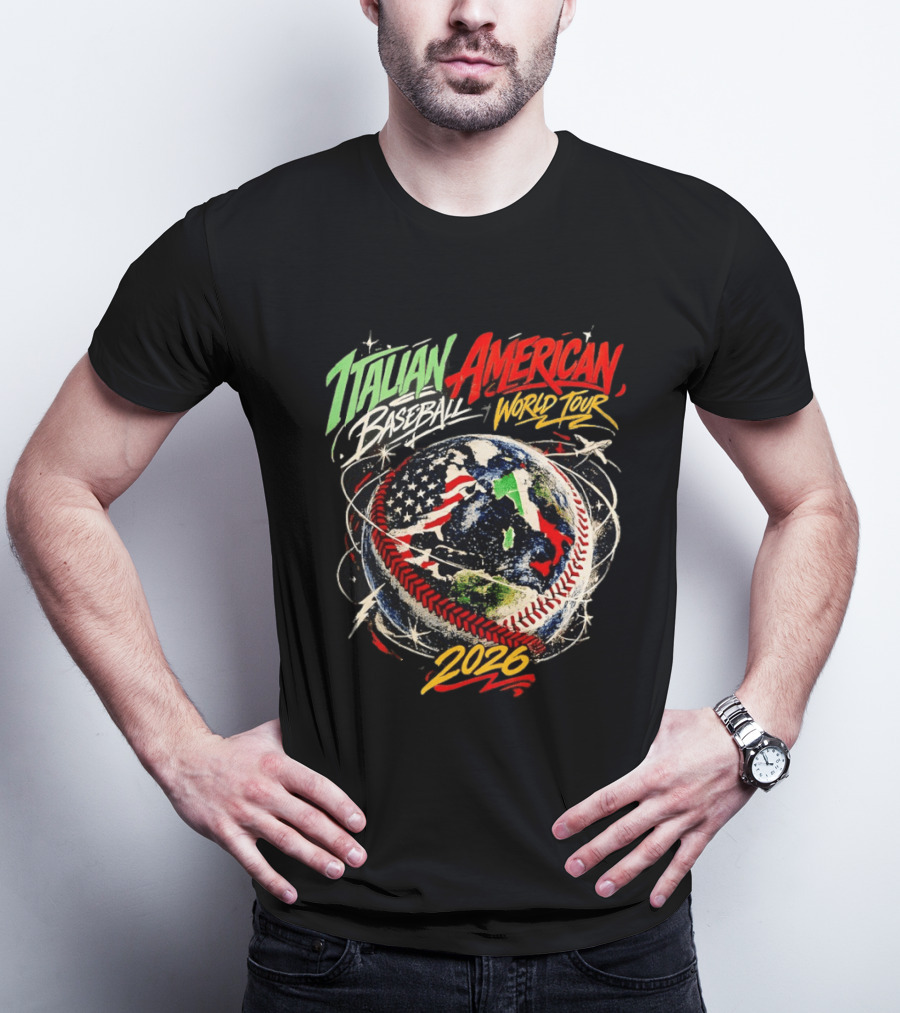 Italian American Baseball World Tour 2026 Flag Design Globe Baseball T-Shirt