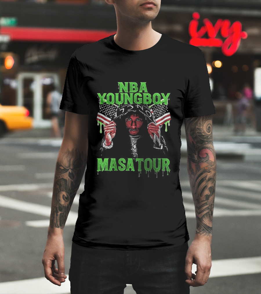 NBA Youngboy Masa Tour Tracklist Green Drip Text With Red Artistic Face T-Shirt