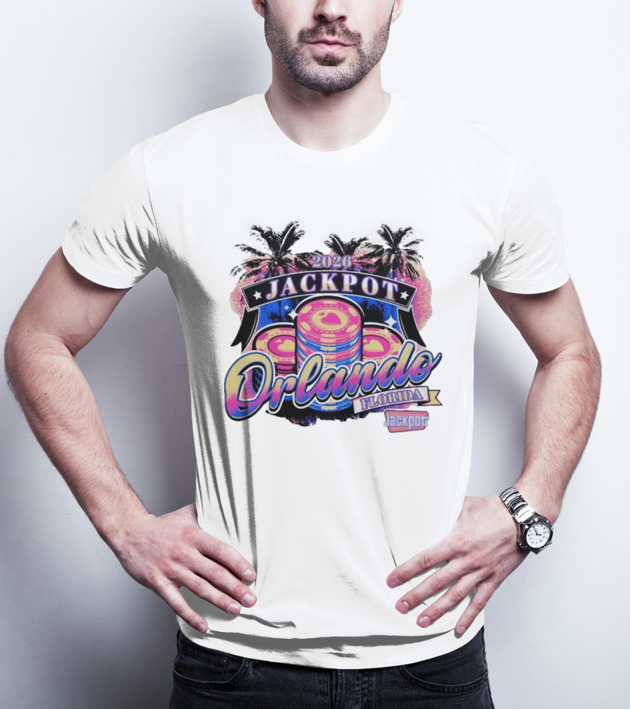2026 Jackpot Orlando Florida Event With Palm Trees And Poker Chips T-Shirt
