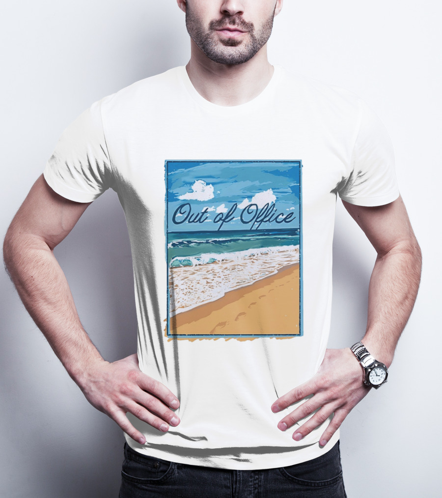 Out Of Office Beach Painting Photo 2025 Blue Sky Ocean Waves Sand T-Shirt