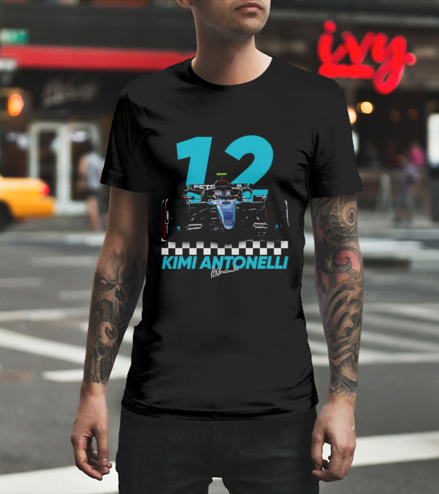 Kimi Antonelli 12 Formula One Racing Car With Checkered Flag T-Shirt