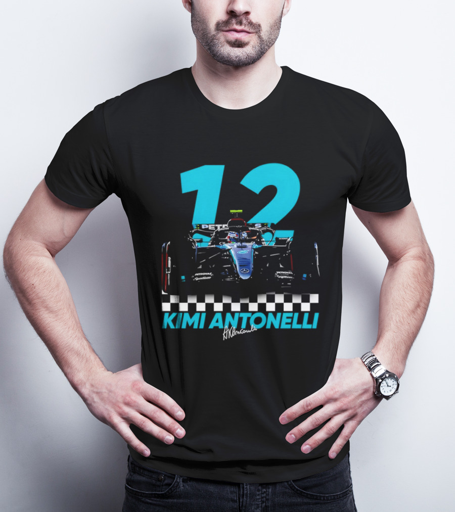 Kimi Antonelli 12 Formula One Racing Car With Checkered Flag T-Shirt