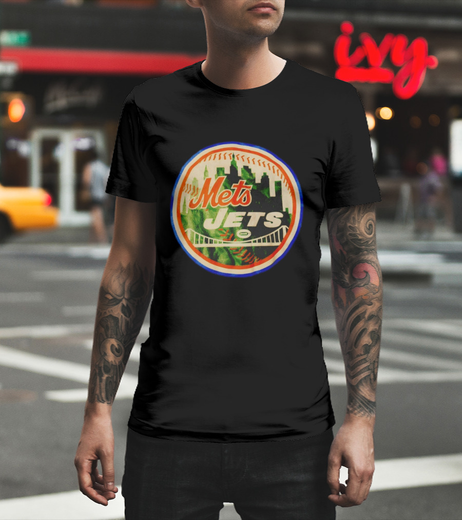 New York Mets Jets Football Baseball Crossover Skyline Bridge T-Shirt