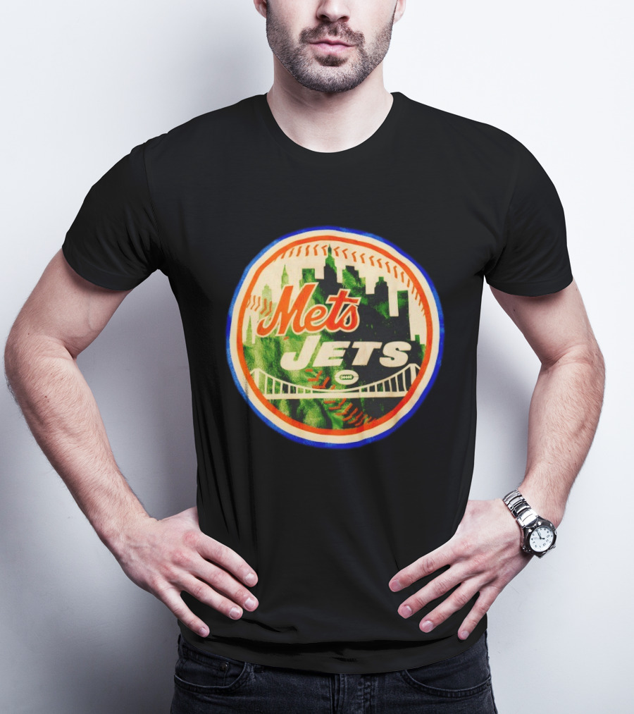 New York Mets Jets Football Baseball Crossover Skyline Bridge T-Shirt