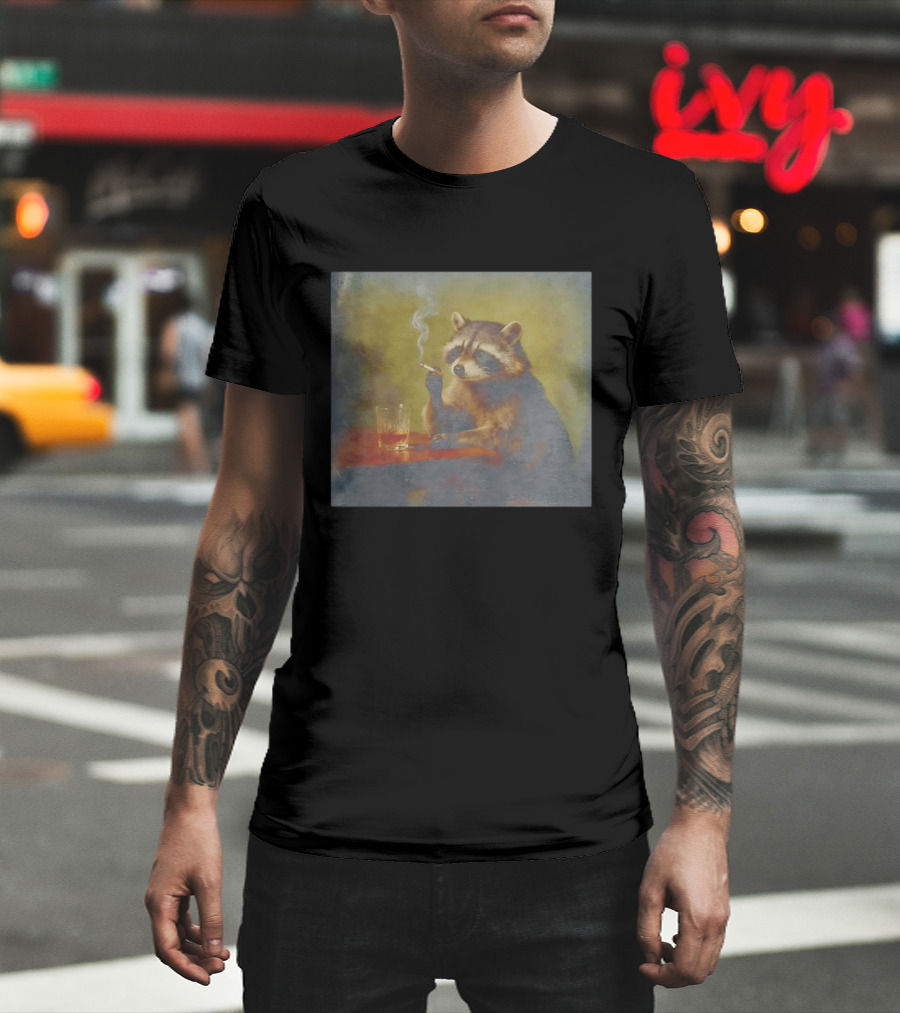 Sad Raccoon Smoking Cigarette And Drinking Whiskey Scene T-Shirt