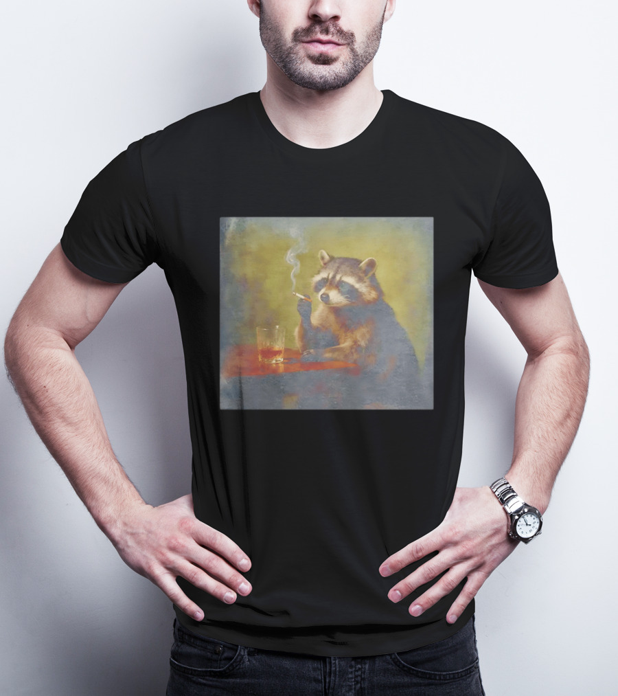 Sad Raccoon Smoking Cigarette And Drinking Whiskey Scene T-Shirt