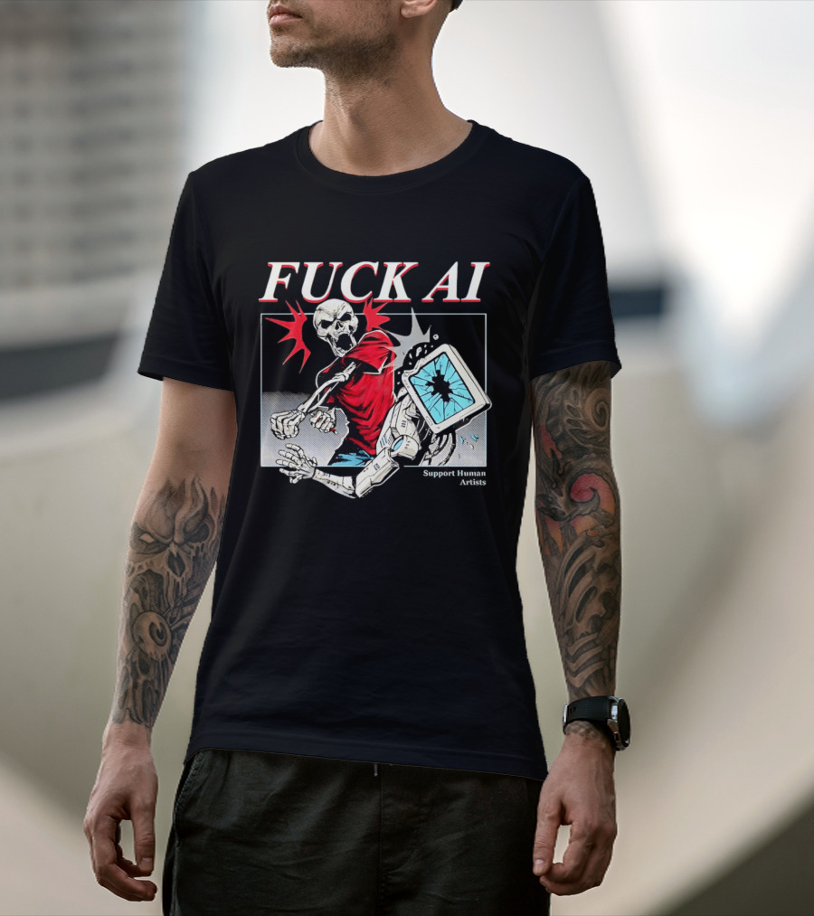 Skeleton Punch Robot Fuck AI Support Human Artists T-Shirt